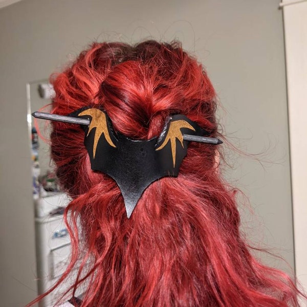 Leather Bat Barrette, Black Bat Hair Slide, Wooden Hair Stick ...