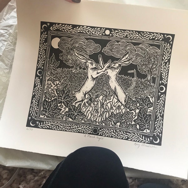 A March Night - Original Lino Print of Boxing Hares - Limited Edition ...