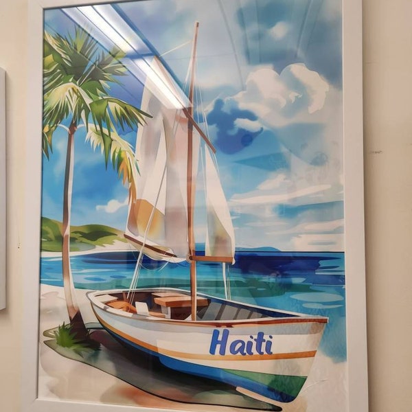 Haitian Fishing Sloop Watercolor Print, Tropical Beach Wall Art ...