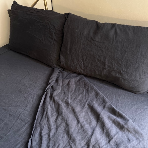 Black Linen Sheet Set 1 Flat Sheet and 1 Fitted Sheet and 2 Pillowcases ...