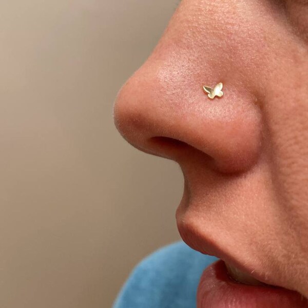 14K Gold Butterfly Nose Screw • 20 Gauge Nose Stud • Tiny Gold ...