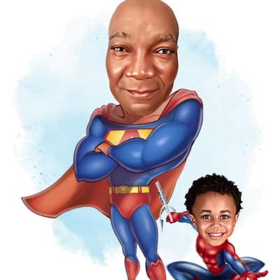 Custom Super Dad and Son Cartoon Portrait, Super Dad Portrait, Dad's ...