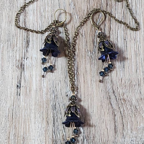 Indigo Blue Floral Earrings, Navy Flower Earrings, Vintage Dangle ...