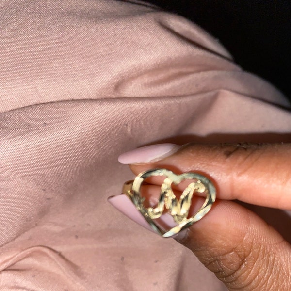 10K Gold Heart Initial Ring, A-Z, Letter Ring, Real Gold Diamond Cut ...