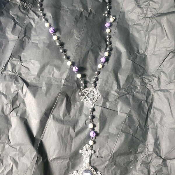 Portrait Pendant Inverted Cross Hematite and Rose Beads Rosary - Etsy