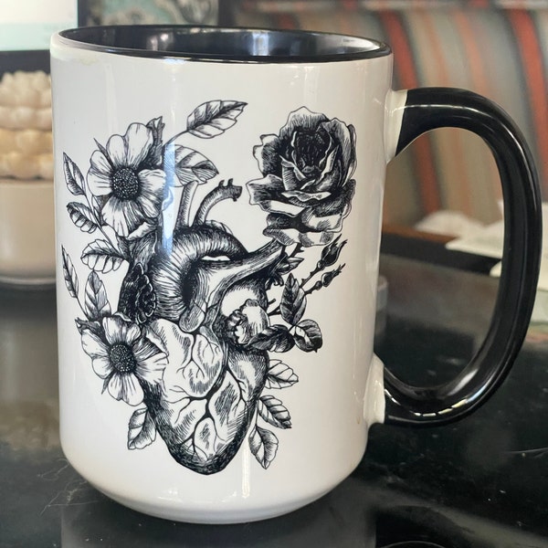 Sacred Heart Mug, Heart With Flowers Mug, Anatomical Heart Mug, Hand ...