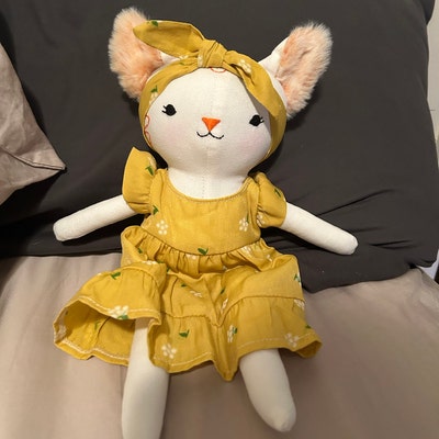 Cute Cat Doll, Kitty Doll With Yellow Sundress, Soft Doll Nature Linen ...