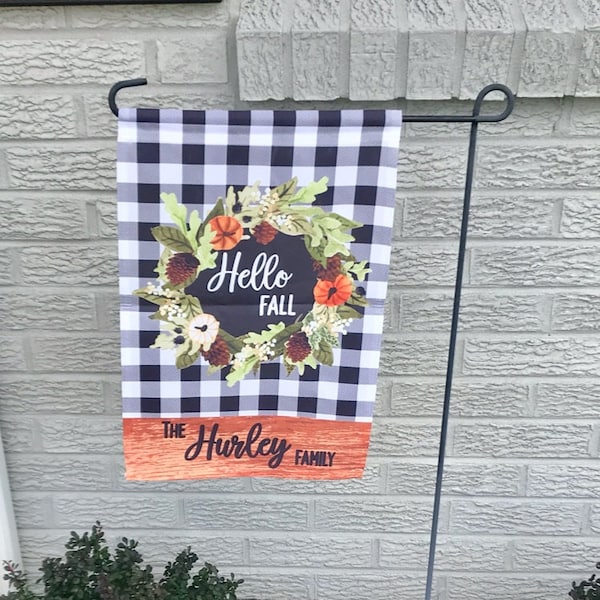 Garden Flag for Fall Personalized Garden Flag Hello Fall Buffalo Check ...