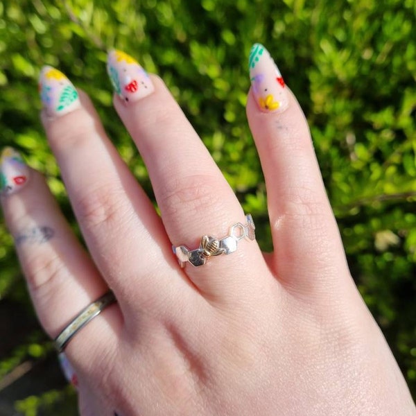 Bee Honeycomb Ring, Bumblebee Silver Ring, Cute Bee Ring, Wildlife Ring ...