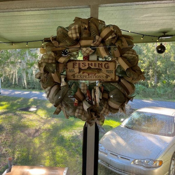 Fishing Deco Mesh Wreath Sportsman's Wreath Fish Wreath Gone Fishing ...