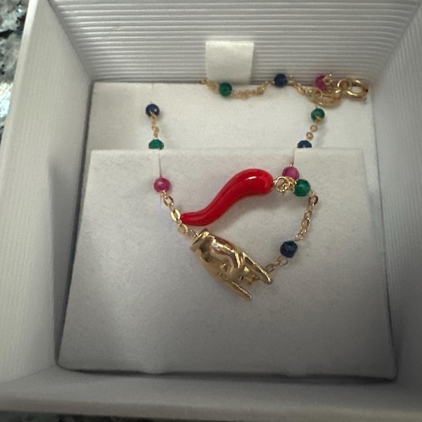 14k Solid Gold Italian Cornicello Bracelet, Mano Cornuto, Red Horn ...