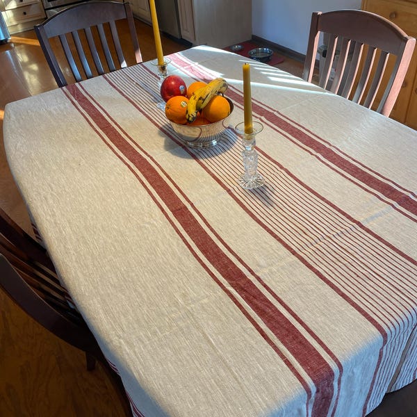 Rustic Natural Linen Tablecloth in Blue,black, Green and Red Stripes ...