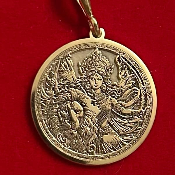 14K Solid Gold Durga Hindu Goddess Necklace, Hindu Goddess Pendant ...
