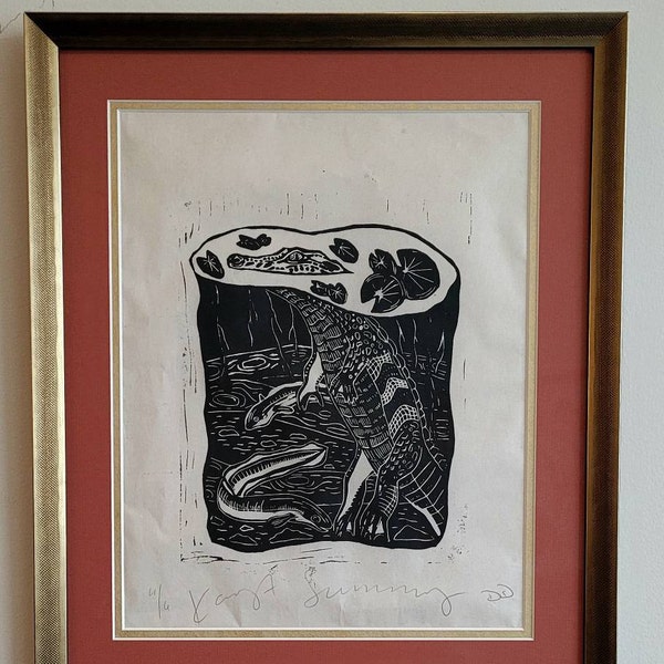 Alligator Linocut, "karst Swimming", Handmade Linocut Print - Etsy