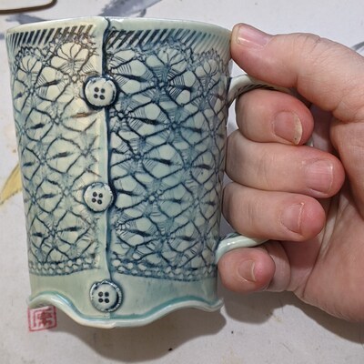 Small Porcelain Slab Built Mug With Embroidery and Buttons by Stacey ...