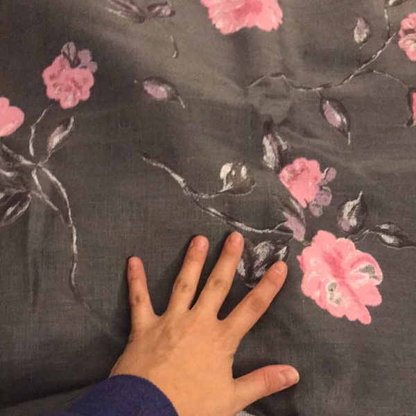 100% Linen Fabric by the Yard Gray With Pink Flowers Print (upholstery ...