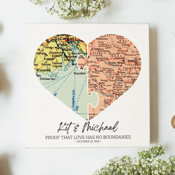 Personalized Long Distance Relationship Gift, Heart Map on Canvas ...