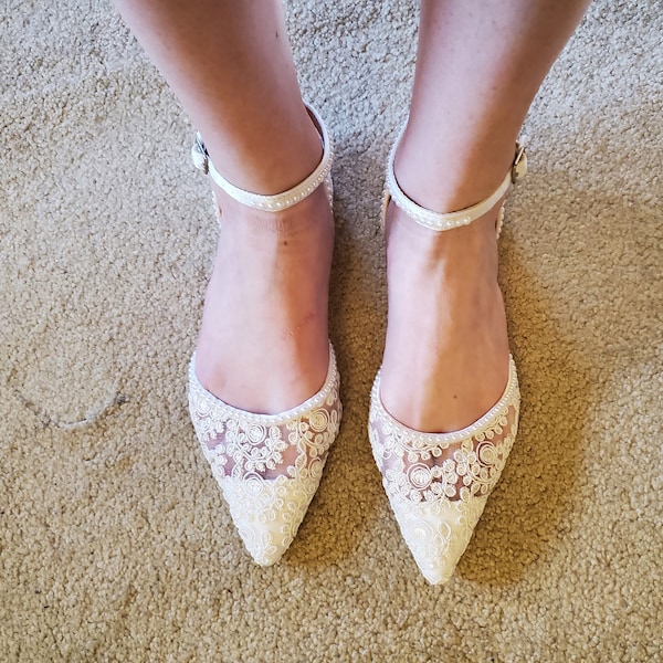 White Crochet Lace Pointy Toe Flats With MINI PEARLS, Women Wedding ...