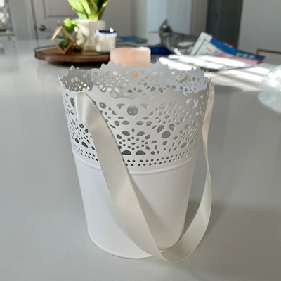 White Flower Girl Basket White Metal Wedding Pail Vintage Style Lace ...