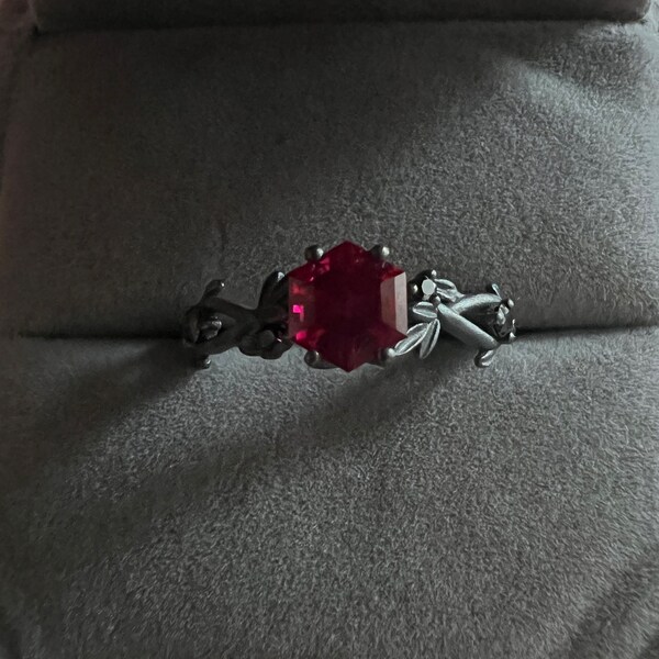 Black Gold Finish Hexagon Ruby Engagement Ring, Rhodium Black Leaf Twig ...