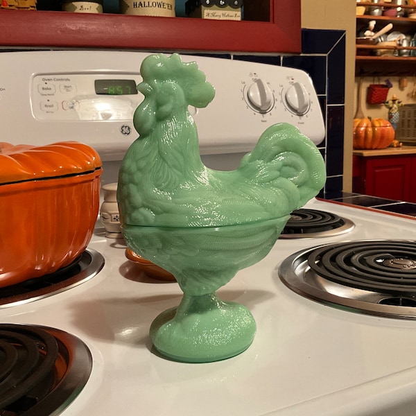Jadeite Depression Style Glass Rooster Chicken Covered Candy Dish With ...