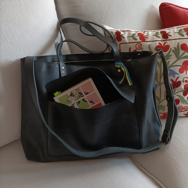 XL Black Leather Tote Bag: Italian Full Grain, Laptop Bag, Personalized ...