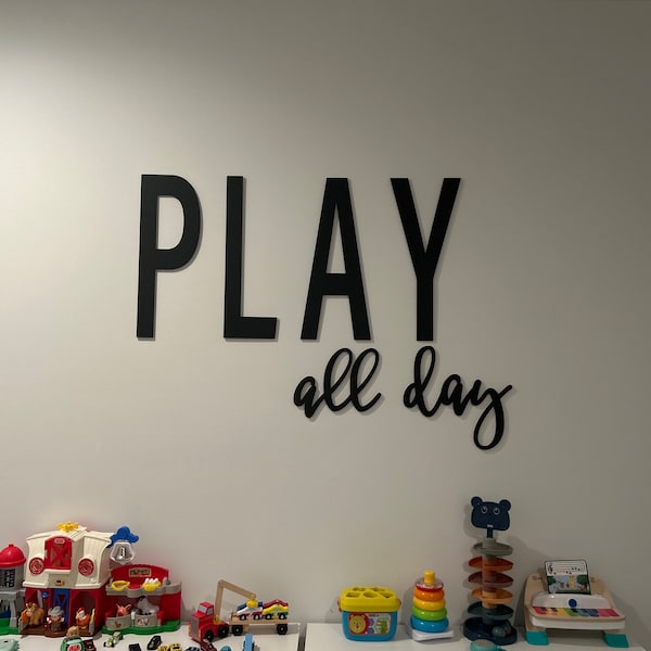 PLAY All Day Playroom Kids Sign Decor, Toy Room Wall Sign Wood Wall Art ...