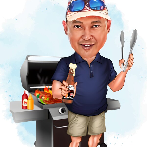 Custom BBQ Cartoon Portrait, BBQ Portrait, Gift for Barbecue Lover ...