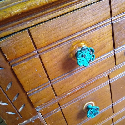 Cast Iron Flower Knobs, Rustic Turquoise Drawer Knobs, Distressed Knobs, Farmhouse Handles ...