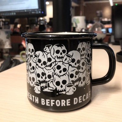 Death Before Decaf Enamel Coffee Mug Food Pun Cup Foodie Gift Coffee ...