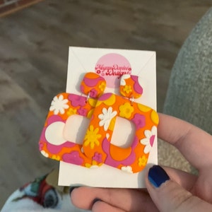 Retro Orange and White Print Slanted Rectangle Dangle Polymer Clay ...