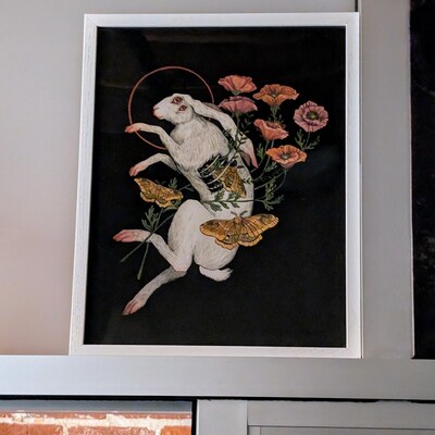 White Rabbit With Poppy Flowers Giclee Print From Original Hand ...