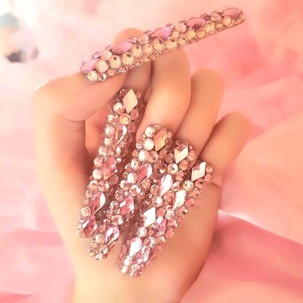 XXXL Square Full Bling Press on Nails Swarovski Extra Long Nails Custom ...