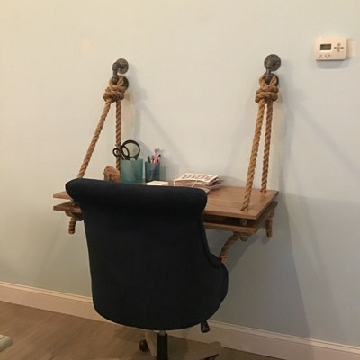 2 Level Rope & Pipe Desk Farmhouse Suspended Wood Wall Mounted Standing ...