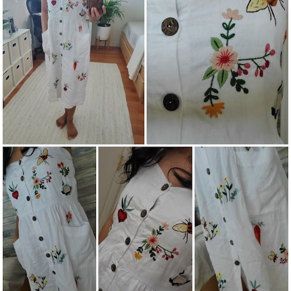 White Linen Dress With Hand Embroidered Flower Pattern, Linen Dress for ...