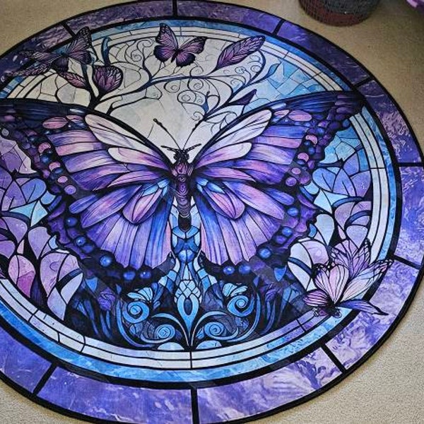 Purple Rug, Butterfly Rug, Unique Gift Rug, Round Butterfly Rug, Circle ...