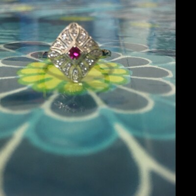 18K Solid Gold Side-way Cushion Cut Sapphire and Diamond Art Deco Ring ...