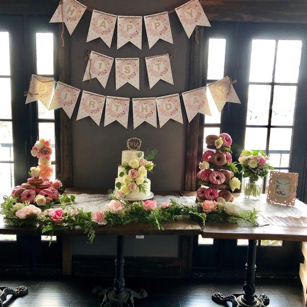 Pink Floral Birthday Printable Banner. Party Decorations. Baby Shower ...