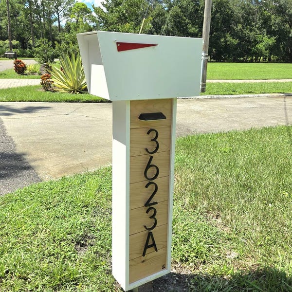 Modern Cedar Mailbox Post With Address Numbers & Solar Lights ANGLED ...