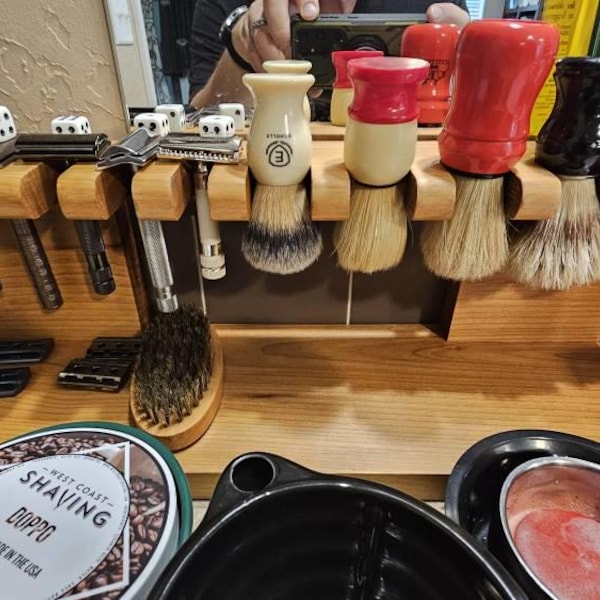 Safety Razor and Shaving Brush Stand Double Decker Wooden, Room for ...