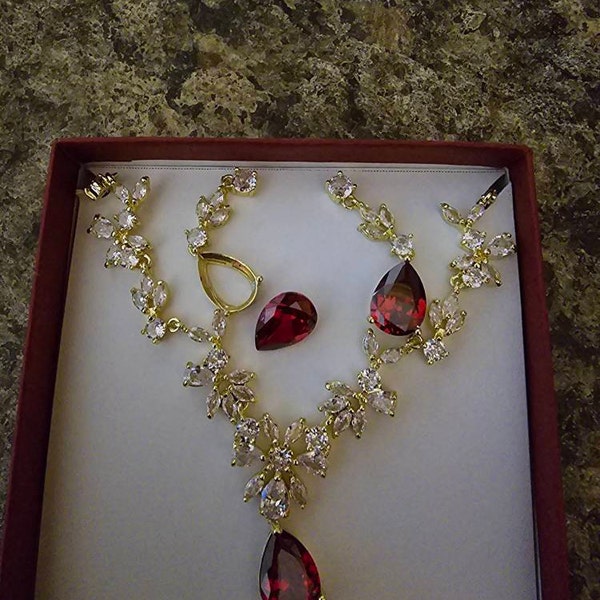Red Bridal Jewelry Set, Burgundy Bridal Earrings, CZ Necklace, Bridal ...