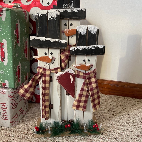 Snowman Family With Lights, Rustic Christmas Porch Decor, Wood Snowmen ...