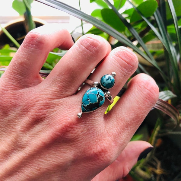 Boho Turquoise Ring, Sterling Silver Ring for Women, Dual Birthstone ...