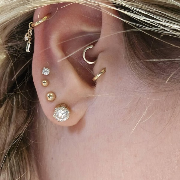 14K Solid Gold Moss Agate Rook Eyebrow Earring 3 Marquise Flower Curved ...