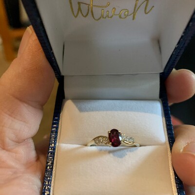 14k Rose Gold Rhodolite Garnet and Diamond Ring, Three Stone Ring ...