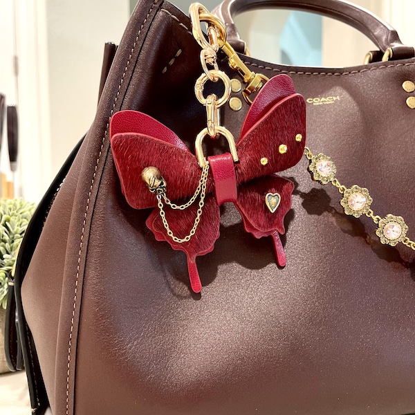 Gothic Burgundy Leather Butterfly Bag Charm, Handmade Horse Hair ...