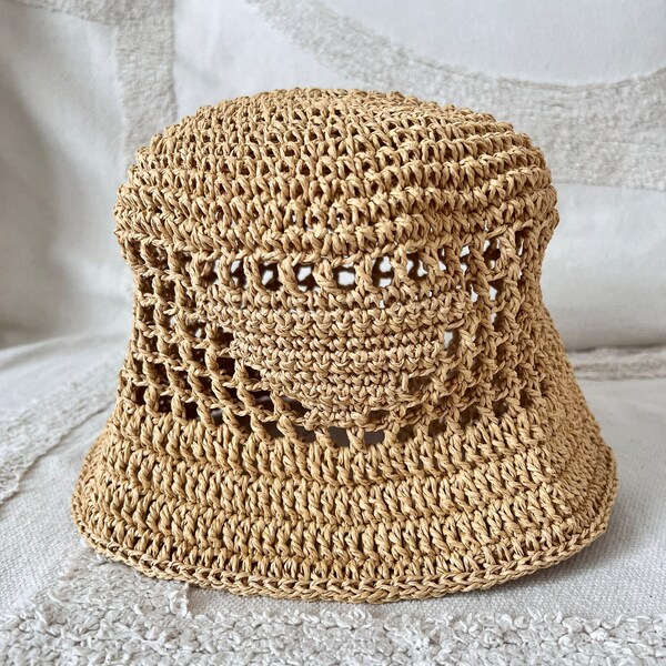 Black Stripes Wicker Raffia Bucket Hat, Summer Cap Gift for Women and ...