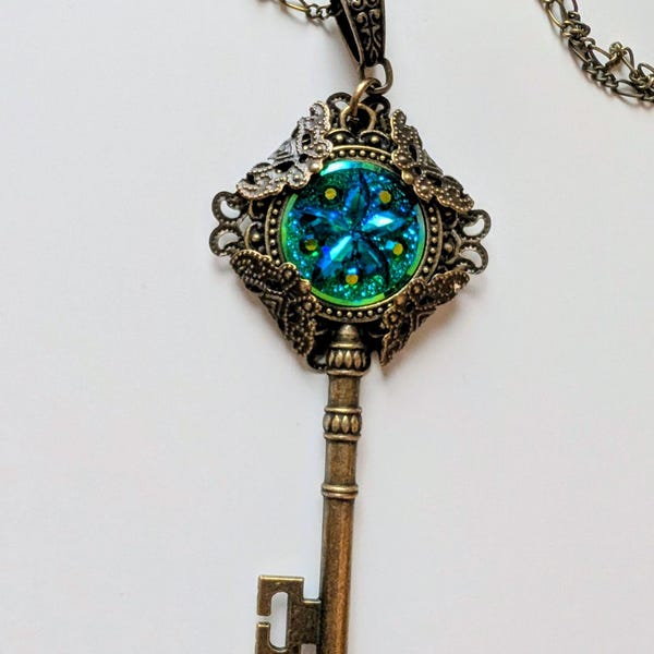 Green Jewel Key Necklace, Witches Key Necklace, Green Key Necklace ...