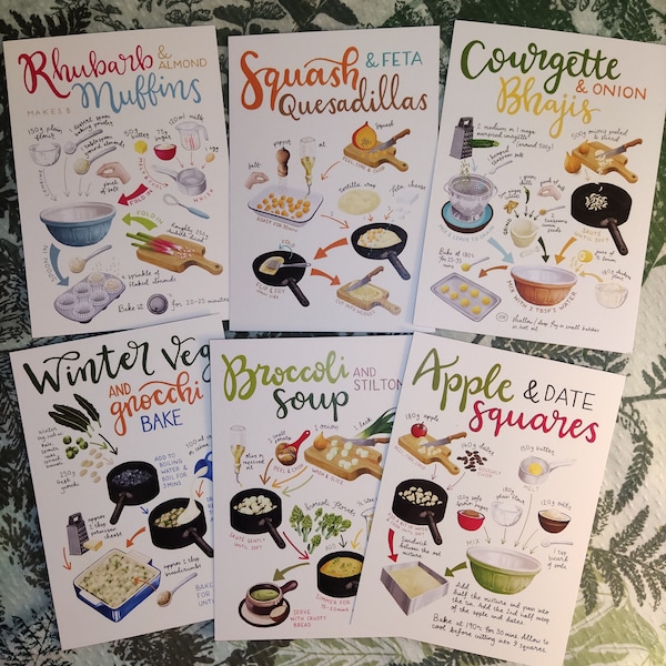 Illustrated Recipe Postcards, Pack of 8, A6 Size - Etsy