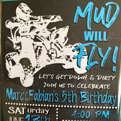 Four 4 Wheeler ATV Quad Chalkboard Birthday Party Invitations Invites ...